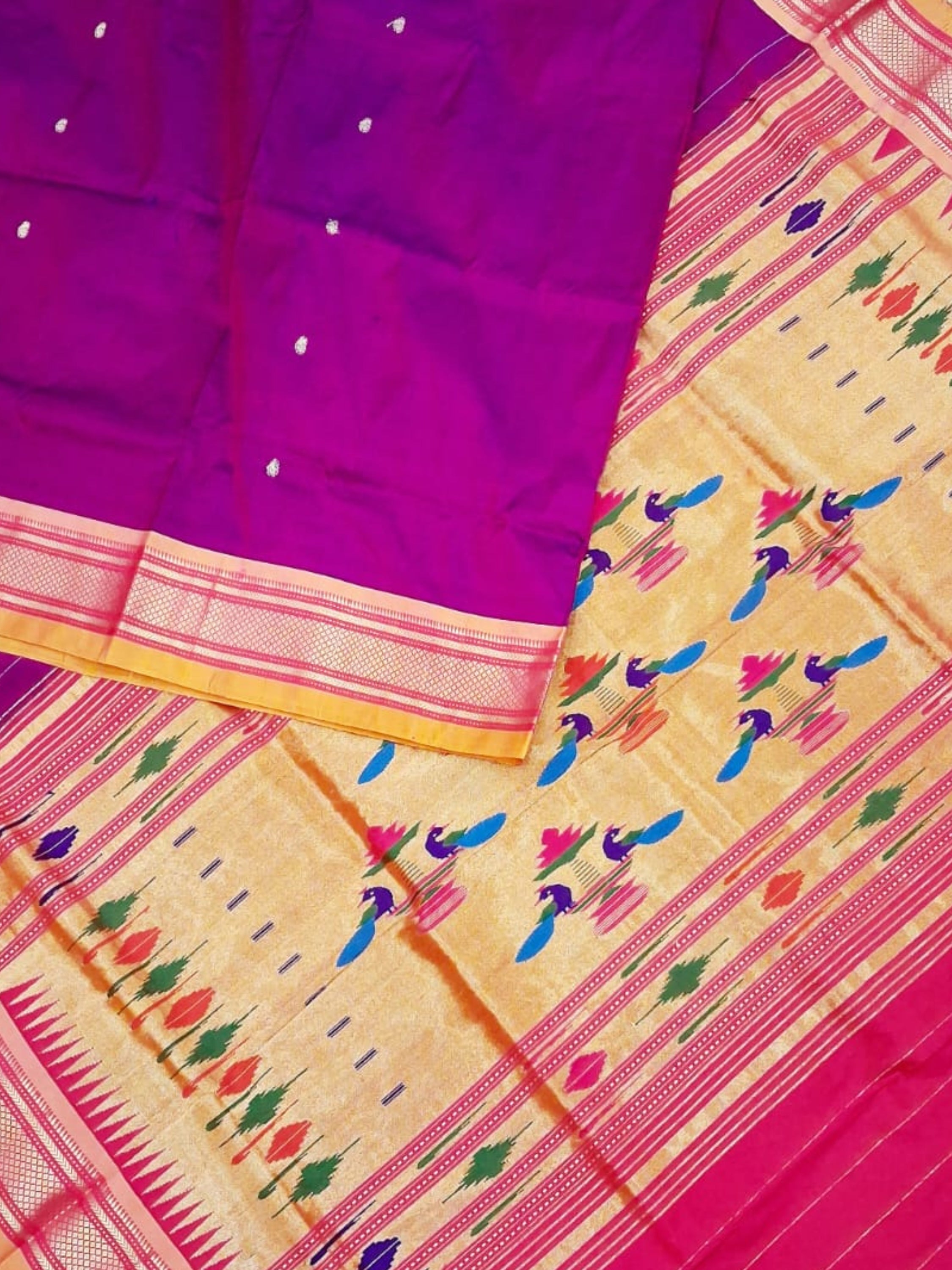 Purple silk paithani saree with mustard border – OnlyPaithani