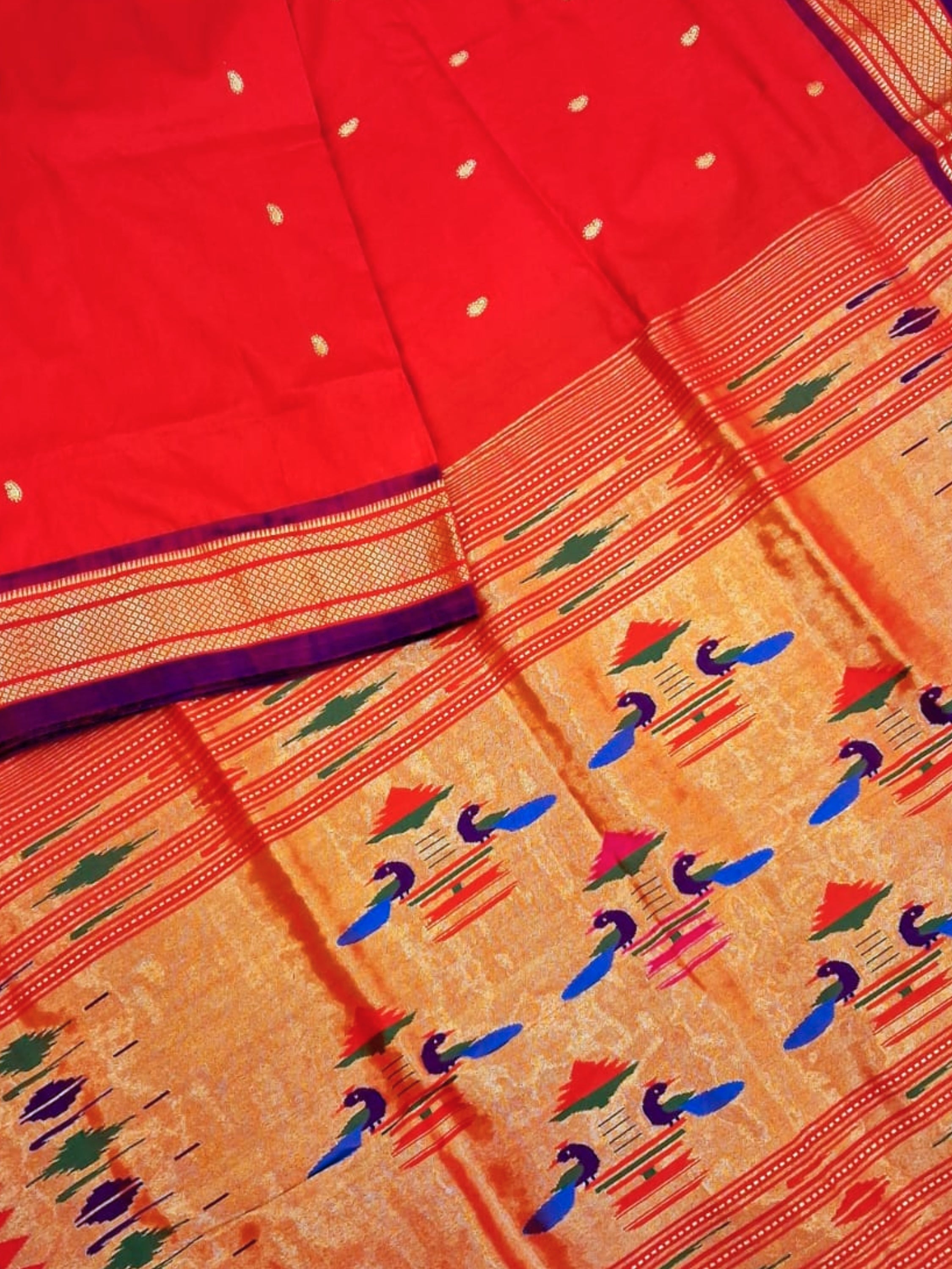 Red silk paithani saree with purple border – OnlyPaithani
