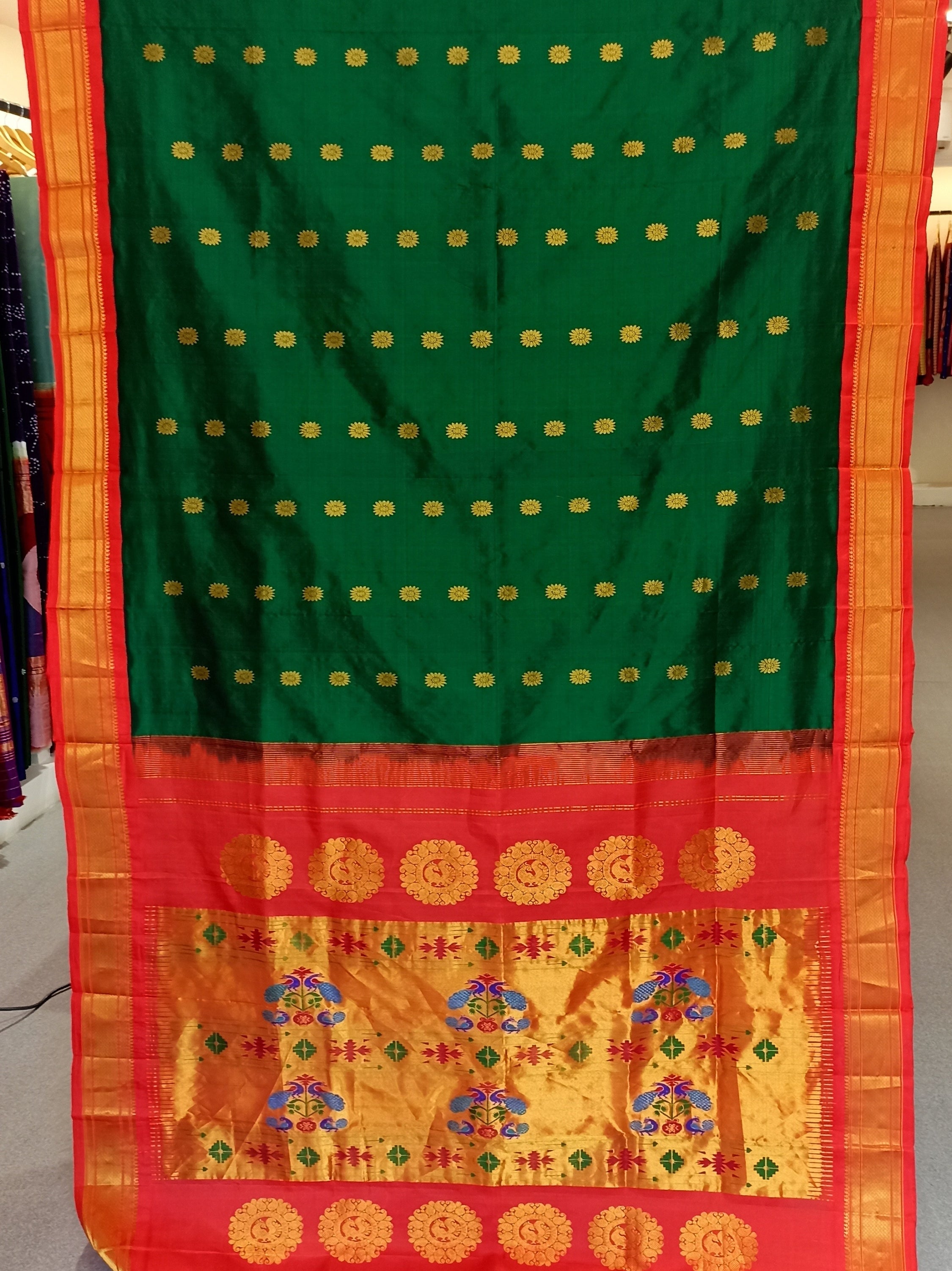 Bottle green silk paithani saree with red border – OnlyPaithani
